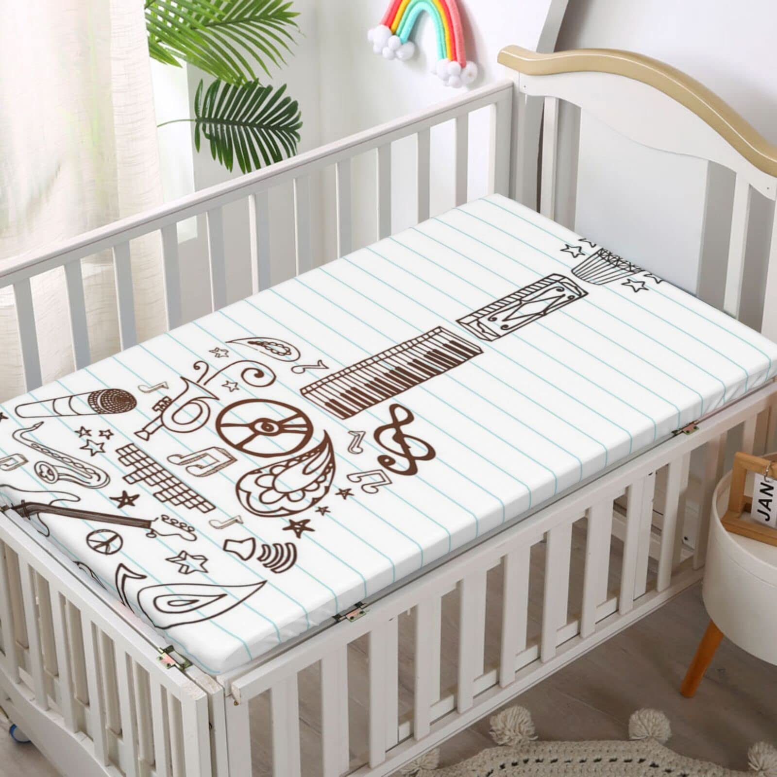 Music Themed Fitted Crib Sheet,Standard Crib Mattress Fitted Sheet Ultra Soft Material-Baby Crib Sheets for Girl or Boy,28β x52β,White Chocolate Baby Blue