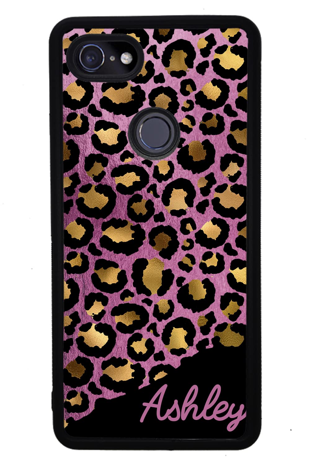 Leopard Skin Pink Gold Foil Personalized Black Rubber Phone Case Compatible With Google Pixel 8 Pro, 8a, 8, 7a, 7, Pixel 7 Pro, 6a, 6 Pro, 6, 5, 4a 5G, 4a 4G, 4, 4 XL, 3a, 3a XL, 3, 3 XL, 2 XL, 2