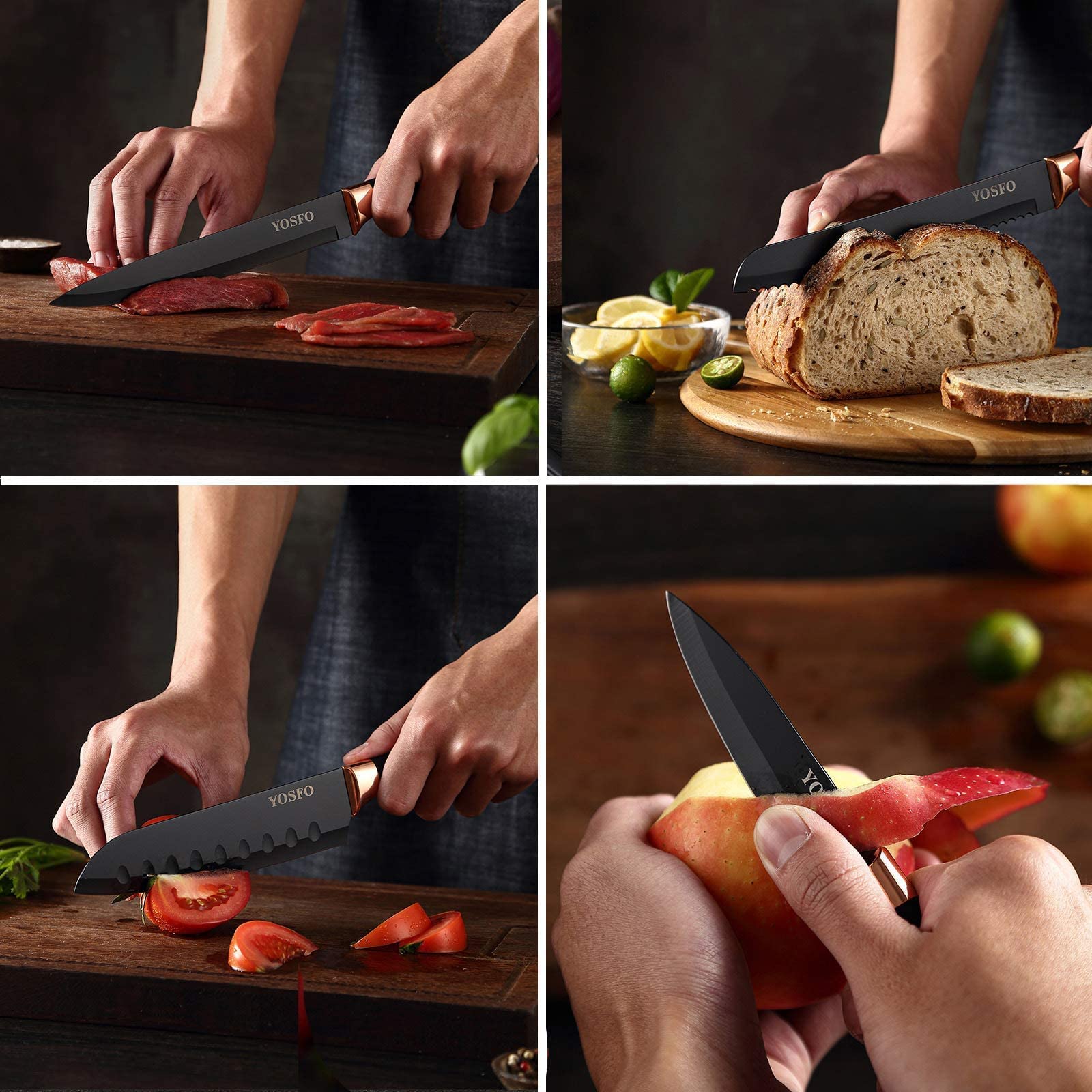 Knives Set with Acrylic Stand, 17Pcs Stainless Steel Knife Block Set includes Serrated Steak Knives Set, Chef Santoku Knives, Scissor, Sharpener and Knife Holder (Black Knife Set with Block)