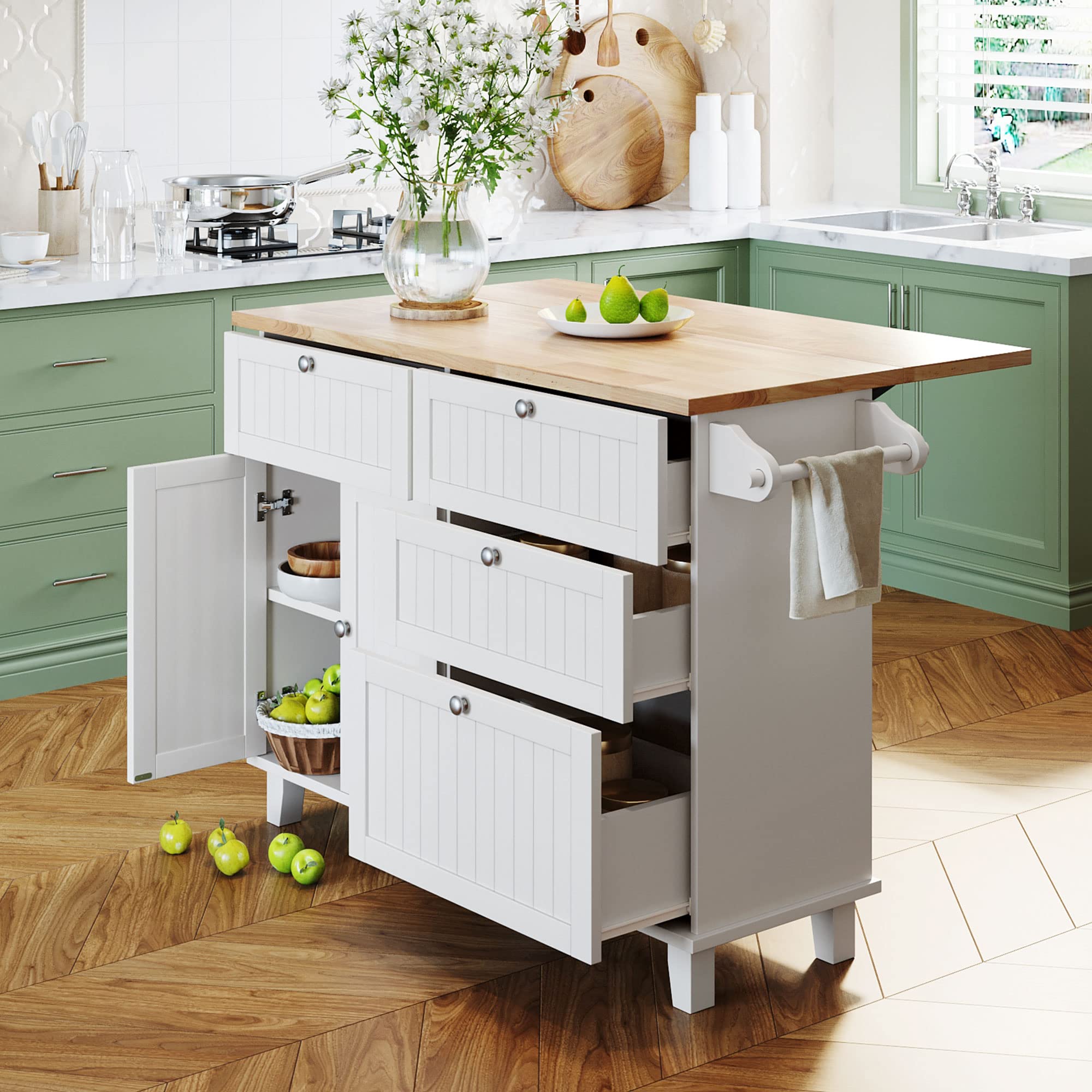 Lepfun Island with Seating and Drop Leaf Farmhouse Kitchen Bar Stools 3 Piece Dining Table Set with Storage Cabinet, Drawers and Towel Rack, White+Rustic Brown