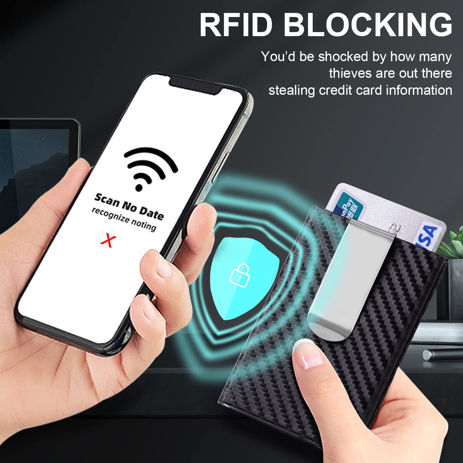 SLUKULU Slim Wallet for Men with Money Clip and Credit Card Holder, RFID Blocking Carbon Fiber Wallet,Minimalist Pop-Up Metal Front Pocket Wallet. (Black)