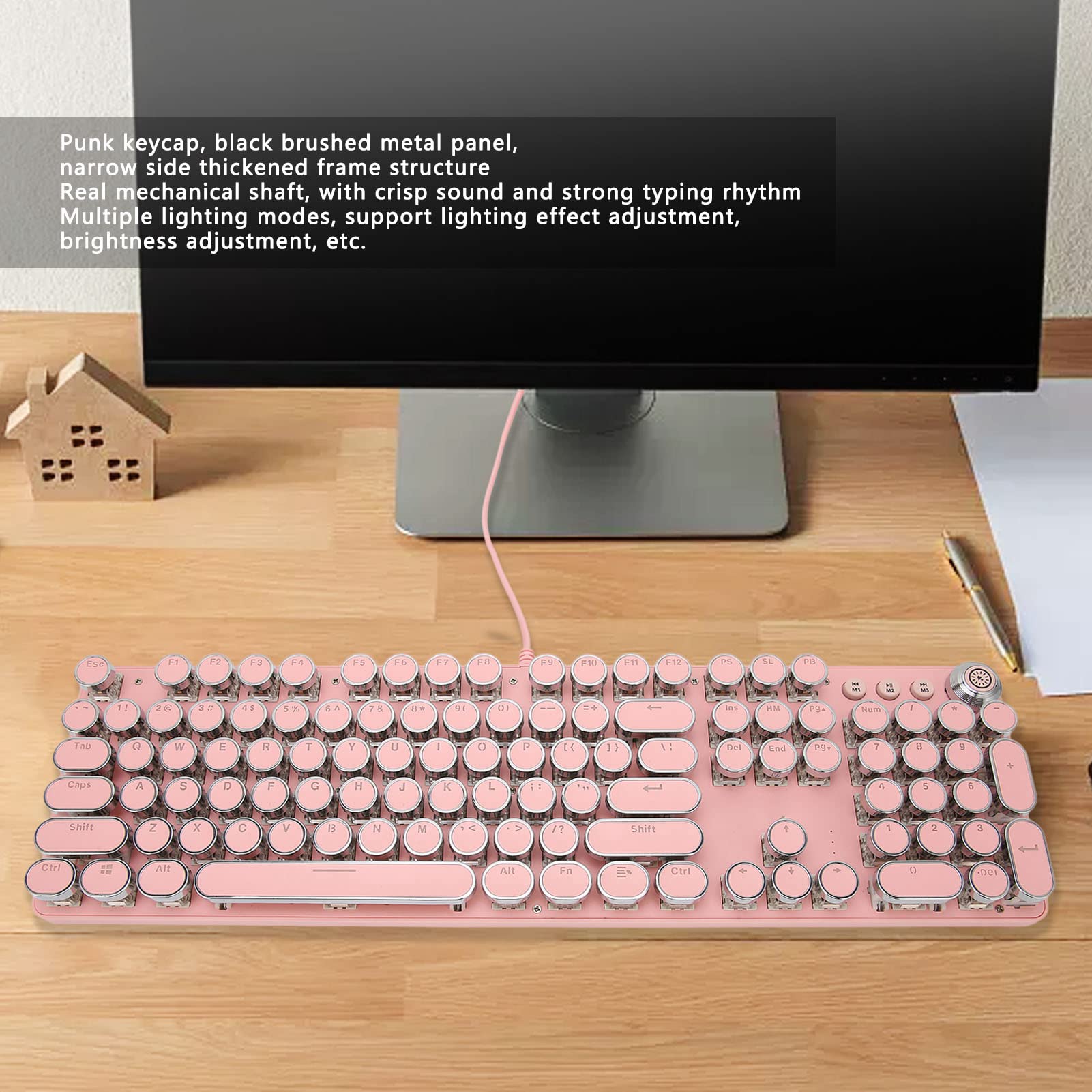 YYOYY Mechanical Keyboard, 104 Keys Punk Keycap, Wired Gaming Keyboard, Multi Light Mode Adjustment, Cute Pink Appearance for Girl, Compact Design, for Computer (902-7 Pink Punk)