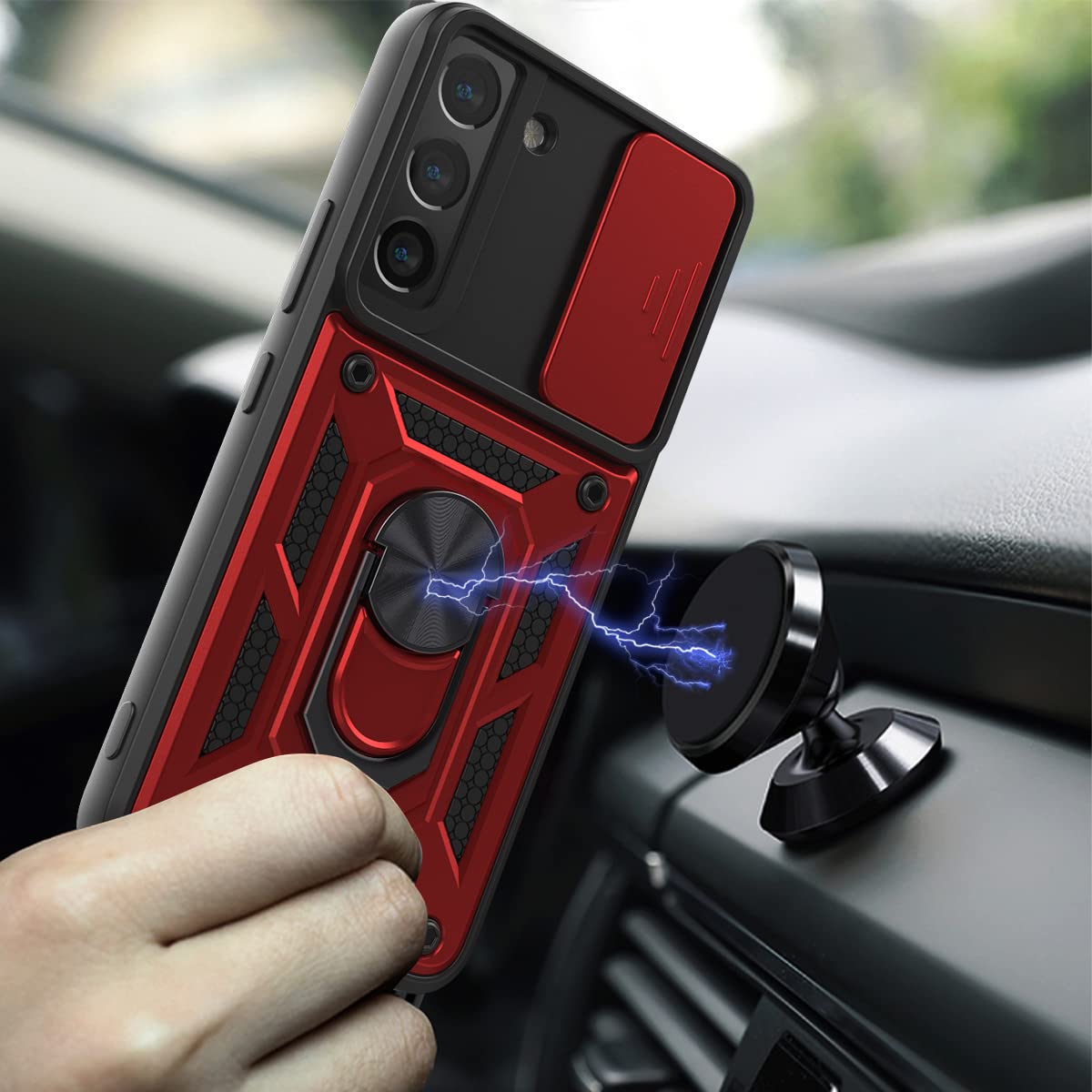 Paton Designed for Galaxy S22 Plus Case, Galaxy S22 Plus 5G Shockproof Case with Slide Camera Cover, Built-in 360° Rotate Ring Stand Magnetic Cover Case for Samsung Galaxy S22 Plus (Red)