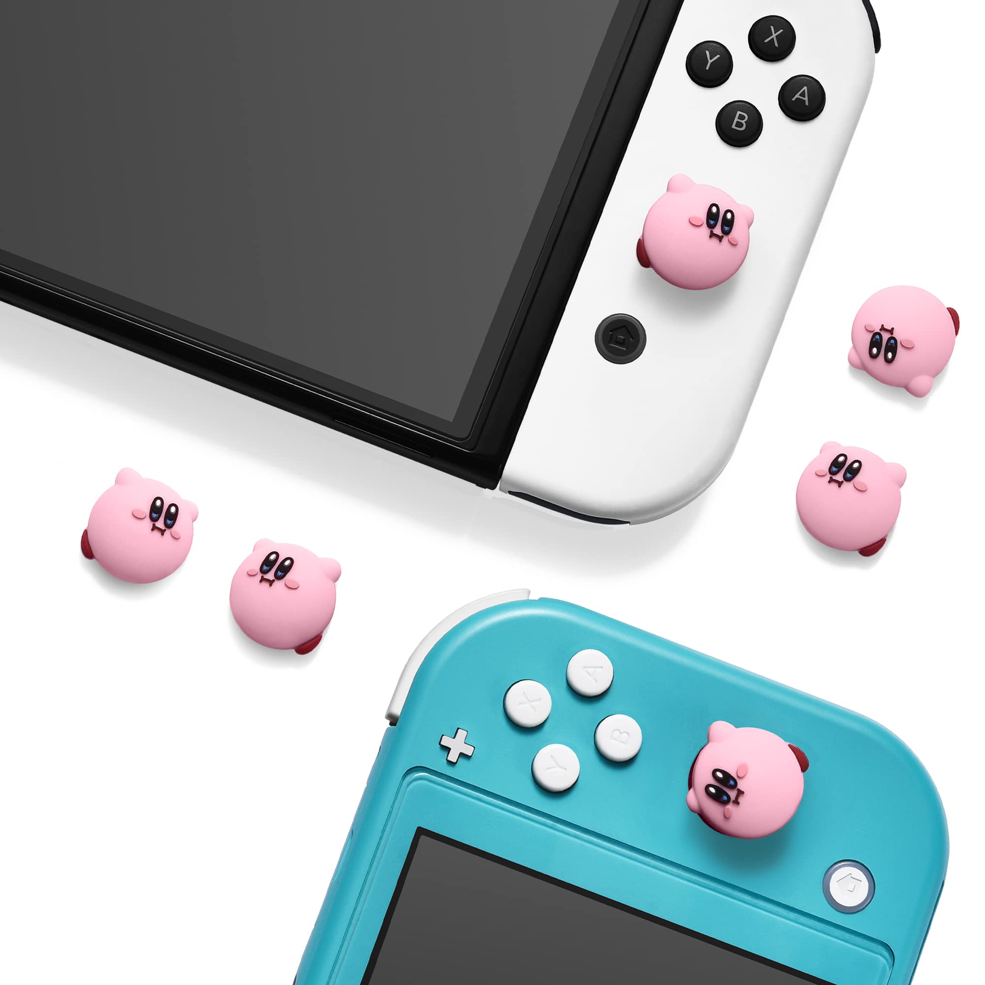 Switch Thumb Grips Joystick Caps Compatible with Nintendo Switch/OLED/Lite Kirby Controller, PALPOW Cute Silicone Analog Stick Cover, 4PCS - Pink Puffball