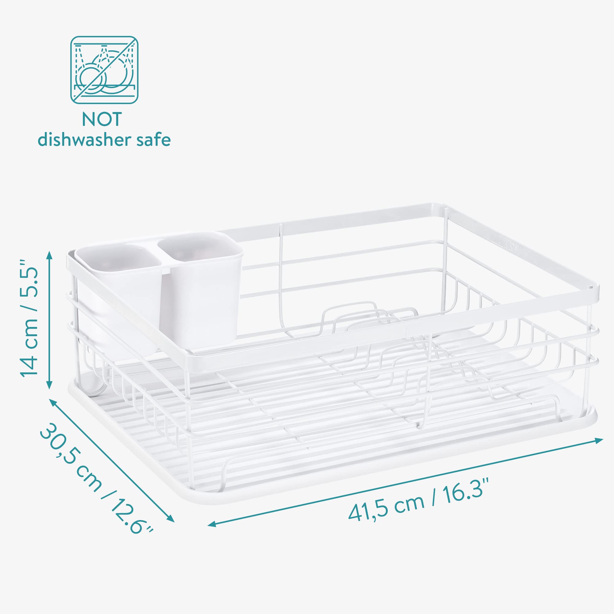 Navaris Dish Drainer Rack - Plate, Cutlery, Pots and Pans Drying Rack for Kitchen - Modern Retro Design Drip Tray with Metal Rack - White