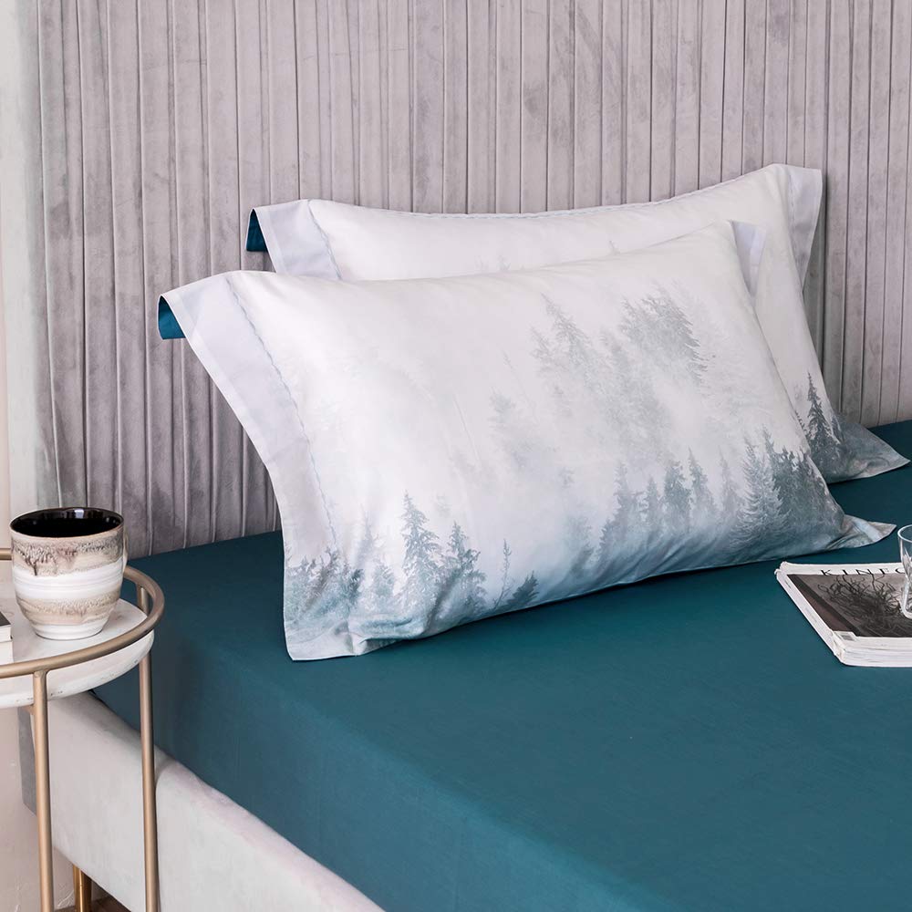 MILDLY 100% Long Staple Cotton Mountain Duvet Cover Set, Blue Green Gradient Trees Pattern Printed Comforter Cover Set