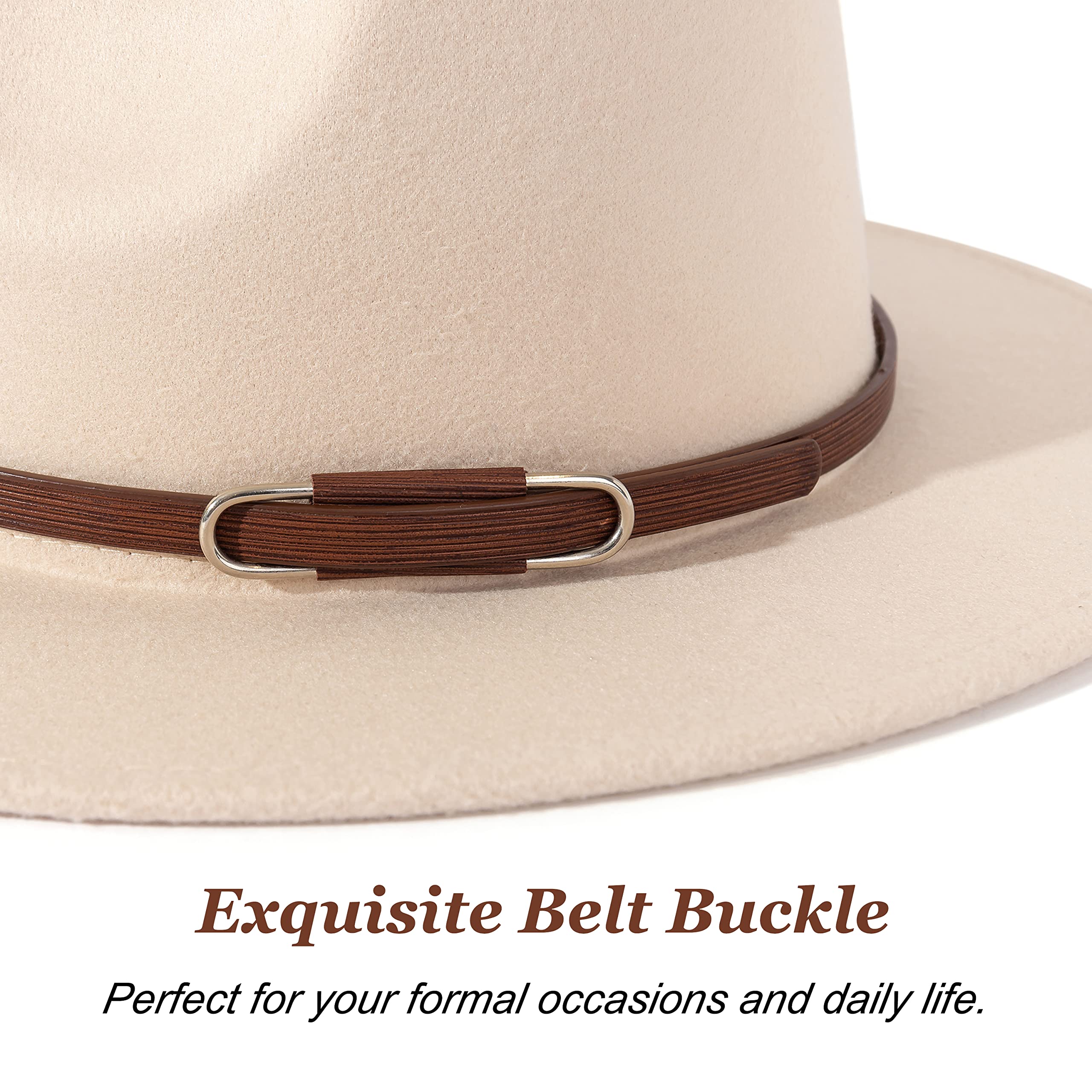 Lisianthus Women's Wide Brim Felt Fedora Retro Panama Hat with Belt Buckle (U-Shaped Buckle Creamy, M)