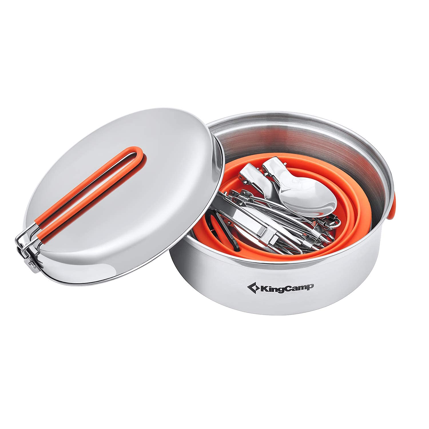 KingCamp 17/25pcs Stainless Steel Camping Cookware Mess Kit Camping Cooking Set Backpacking Gear Lightweight Pots and Pans Set with Folding Knife Fork for Camping Hiking Picnic