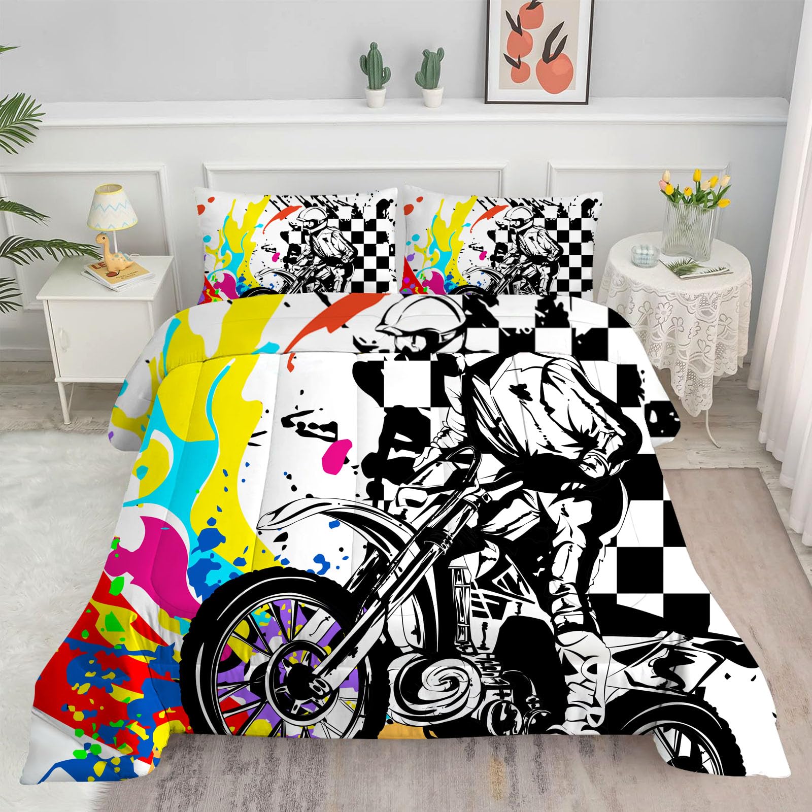 VTKON Motorcycle Comforter Set Full Extreme Sports Bedding Set for Boys Girls Dirt Bike Bedding Set Motocross Bedding Sets Boys Tie Dye Comforter Set Includes 1 Comforter + 2 Pillowcases