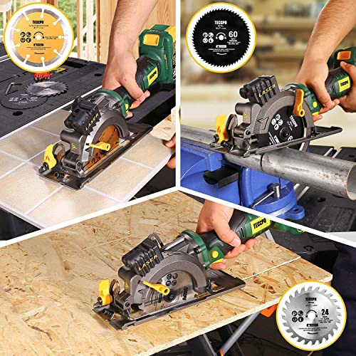 TECCPO Cordless Circular Saw, 4.0Ah 20V 4,500RPM Saw with Laser, 3 Blades(4-1/2"), Fast Charger, Max Cutting Depth 1-11/16''(90°), 1-1/8''(45°), for Wood, Plastic, Soft Metal and Tile Cuts - MTW510B