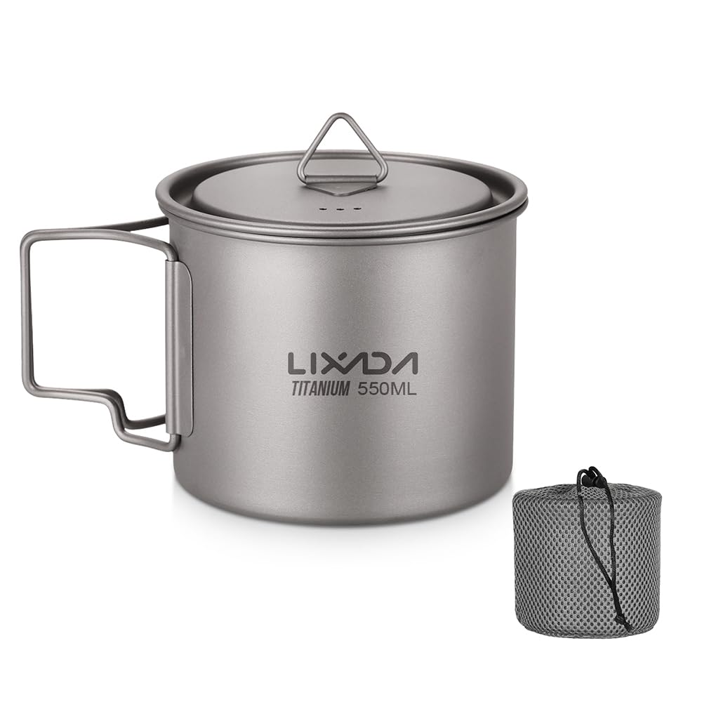 LIXADA Titanium Pot, Lightweight Camping Pot Titanium Cup Titanium Backpacking Pot with Portable Foldable Handles for Outdoor Camping Hiking Backpacking