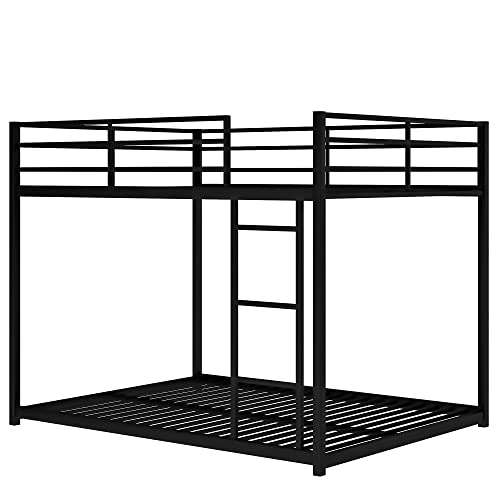 Merax Full Over Full Metal Heavy Duty Low Bunk Bed with Safety Guard Rails and Ladder, No Box Spring Needed, Black