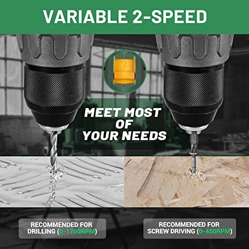 TECCPO Power Drill, Cordless Drill with Battery and Charger(2000mAh), 530 In-lbs, 24+1 Torque Setting, 0-1700RPM Variable Speed, 33pcs Accessories Drill Set, Drill with 1/2" Metal Keyless Chuck