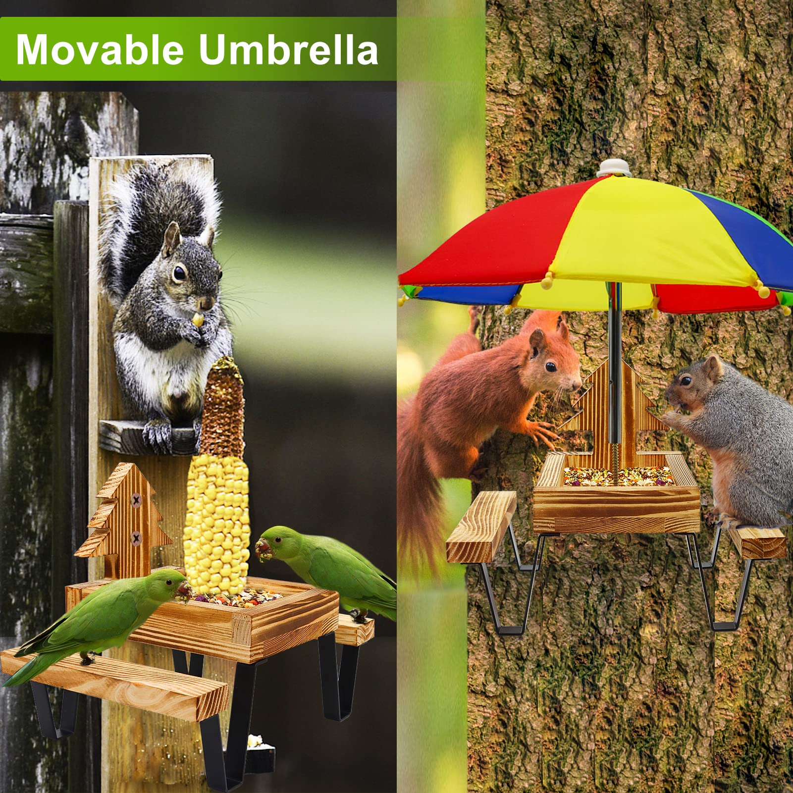 Squirrel Feeder, Squirrel Picnic Table Feeder for Outside with Umbrella Benches Carbonized Wood Bird Chipmunk Feeder Picnic Solid Structure Hanging Corn Cob Holder Snacks Peanuts Pet Gifts