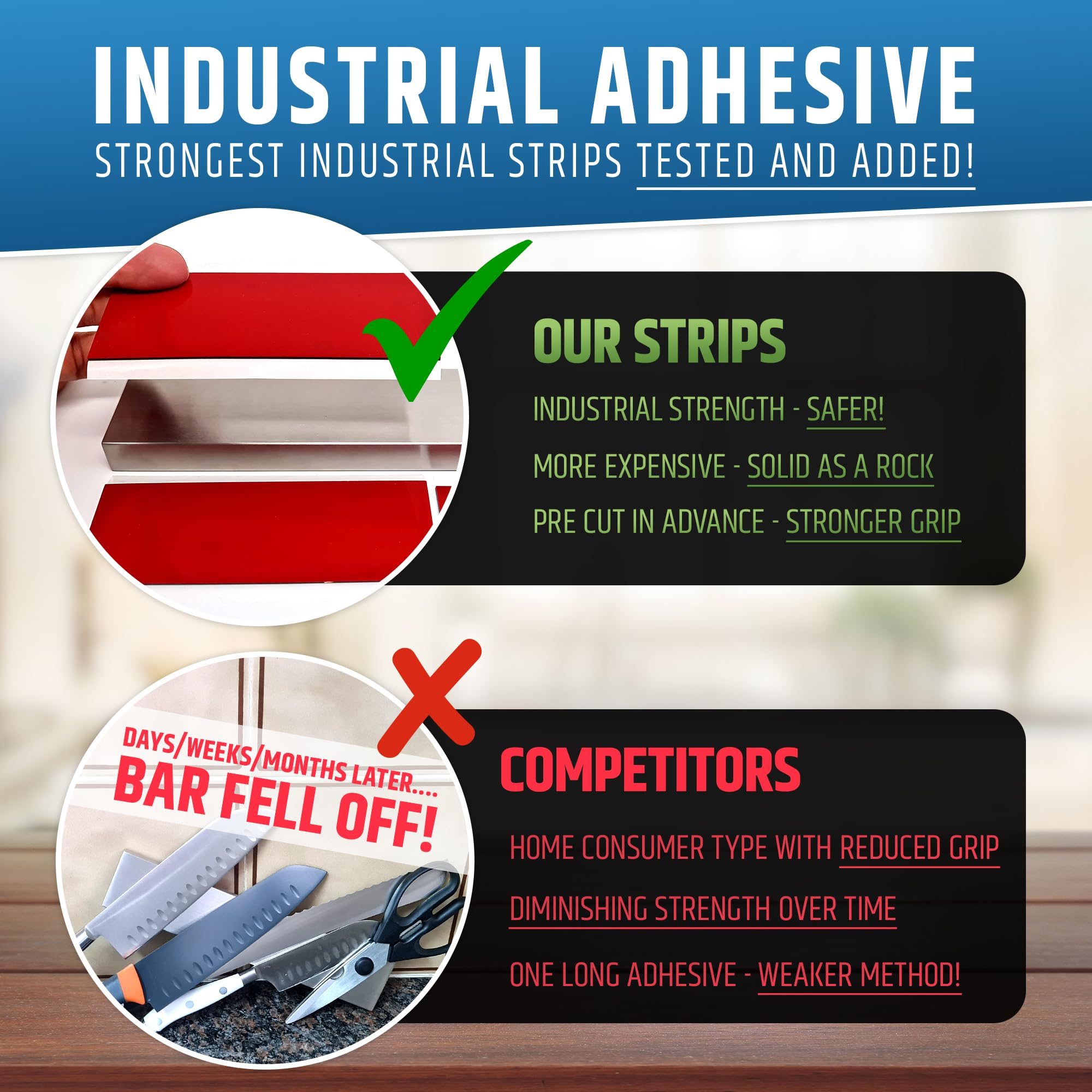Strong Adhesive (No Drill) Magnetic Knife Holder for Wall - Professional 10 Inch Knife Strip - No Screws Needed - Adhesive Backing - Stainless Steel Knife Bar (Upgraded Version β Will Not Fall)