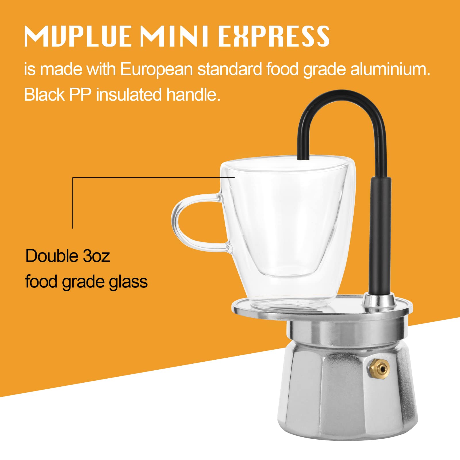 MVPLUE-Mini Express Swiss Single Tube Moka Pot Aluminum Silver,Moka Set includes One Double Wall 3oz Cup,Enjoy delicious coffee in no time
