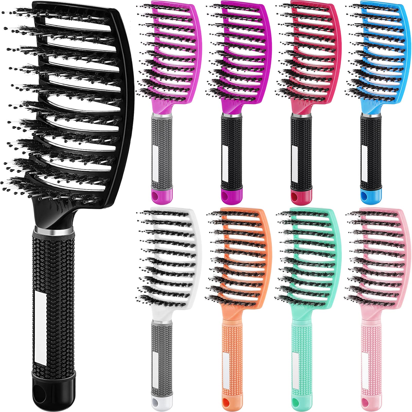 Zopeal 9 Pieces Boar Bristle Curved and Vented Brush for Detangling Dry, Wet, Curly, Thick or Straight Hair - Enhances Shine for Women, Men, and Kids