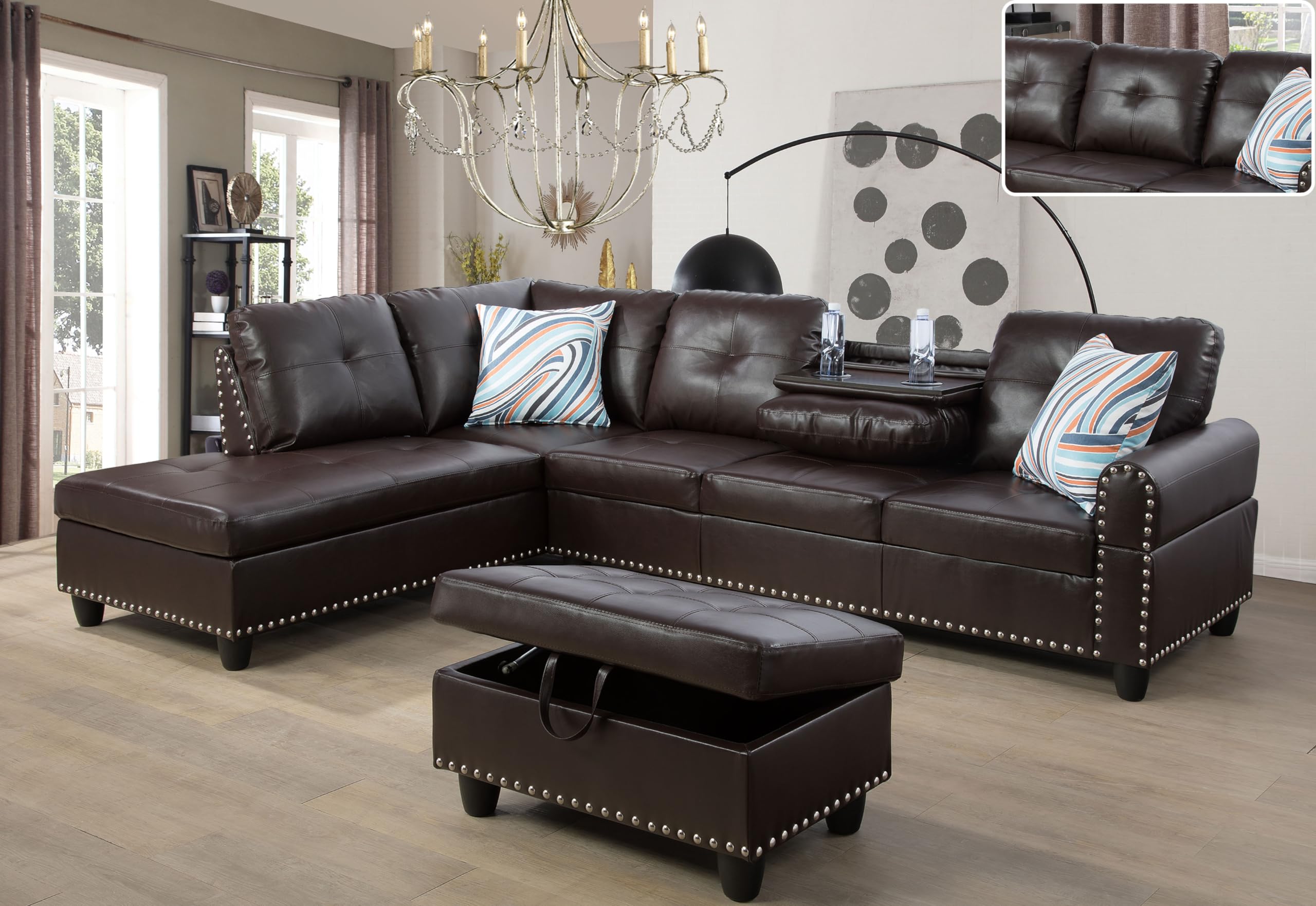VURAX 3-Piece Faux Leather Sectional Sofas with Left Chaise Longue and Storage Ottoman, Button Tufted Upholstered Couch Set, for Living Room, Home, Office, 97inch, Dark Brown 1