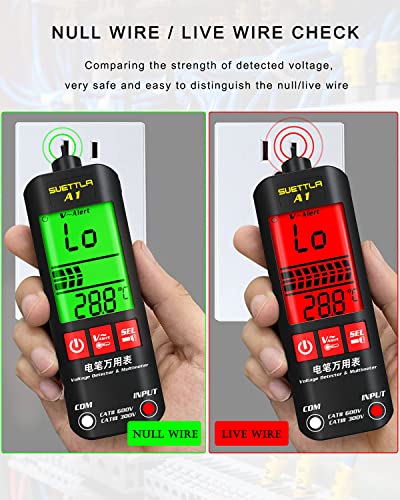 SUETTLA A1 Voltage Tester, Non Contact Voltmeter Digital Smart Multimeter Electric Detector for Measure AC/DC Volt, Liver Wire, Resistance, Continuity