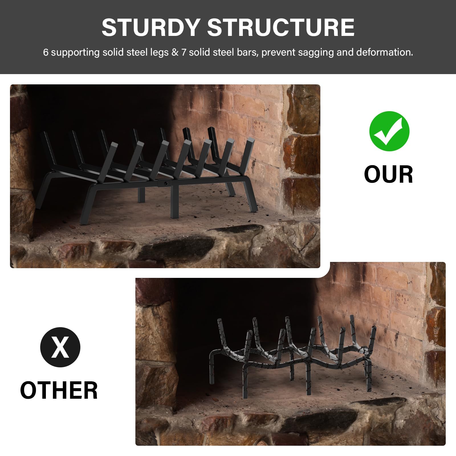 SNOGSWOG 24" Fireplace Grate, Solid Steel Firewood Burning Rack, Heavy Duty Fire Grates, Matt Black Fireplace Rack, 7-Bars Fireplace Log Grate Holder