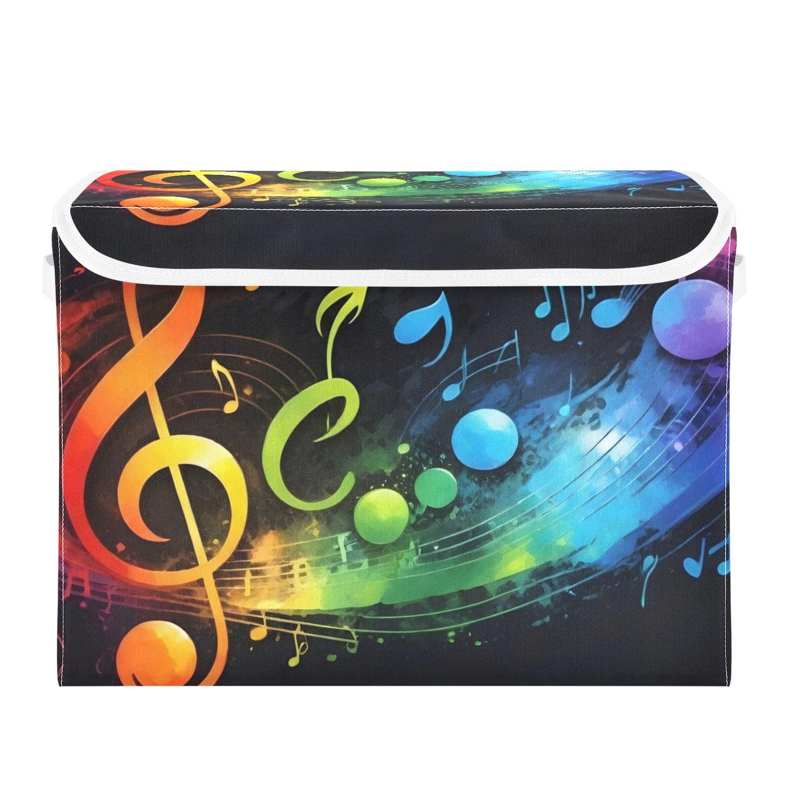 YMGQYJ Storage Cube with Lid Collapsible Rainbow Music Note Print, Large Capacity Foldable Storage Basket Bin Organizer 16.5×12.6×11.8 inches