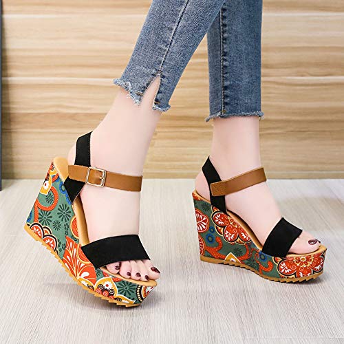 OVELING Shoes Women Wedges Toe Buckle Breathable Flower Open Summer Strap Sandals Women's Wedges Comfortable Sandals Walking
