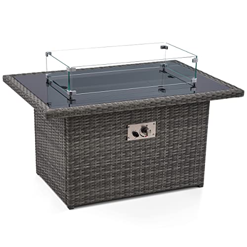 Rectangular Fire Pit Table, 40 inch Propane Fire Pit Table, PE Wicker, Fire Stone Wind Guard Rain Cover Included, Hidden Tank Holder, Black Tempered Glass Tabletop, 55,000 BTU