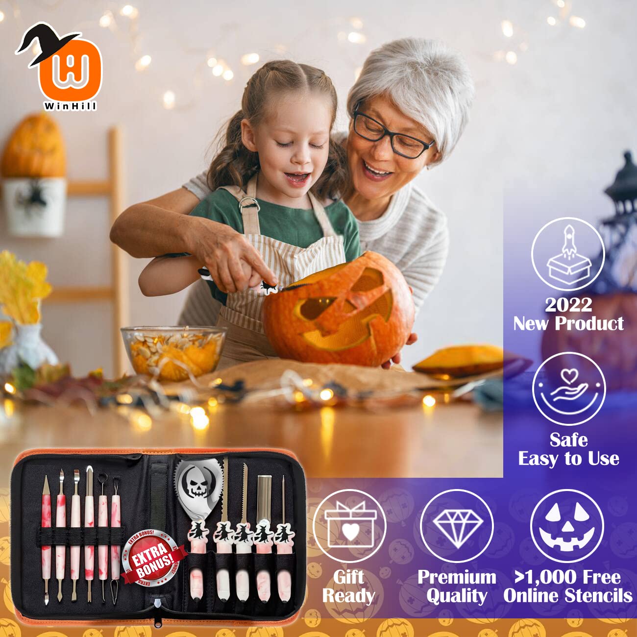 Pumpkin Carving Kit with Stencils Ebook & Carrying Case, 22 PCs Heavy Duty Stainless Steel Knife Professional Sculpting Tool Set for Kid Adult