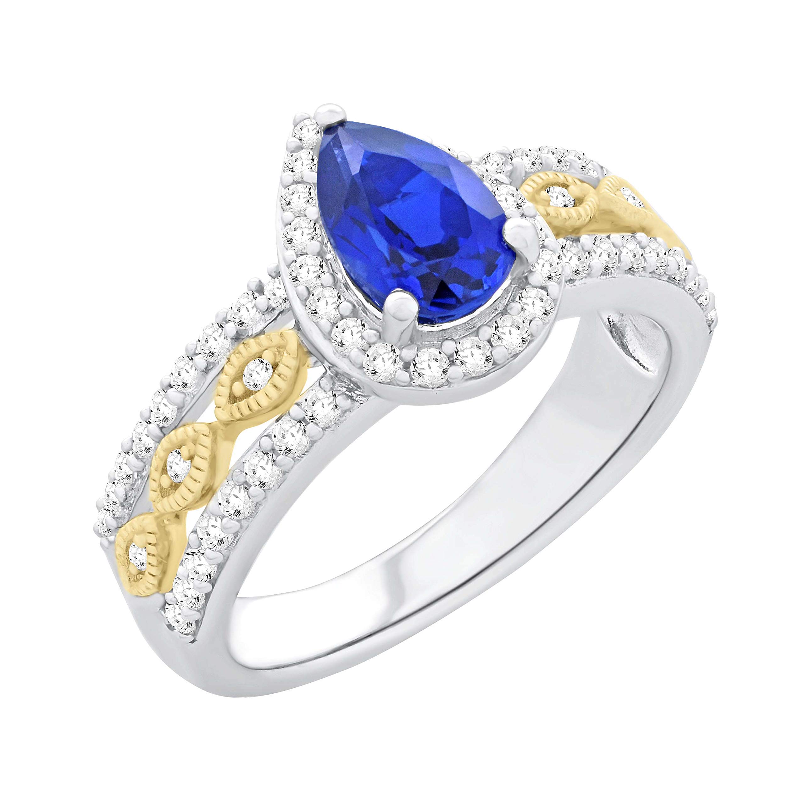 Lexi and Rose 10K Yellow Gold Plated .925 Sterling Silver & Pear Cut Lab-Grown Blue Sapphire & Lab-Grown White Sapphire Halo Milgrain Engagement Ring - Size 7