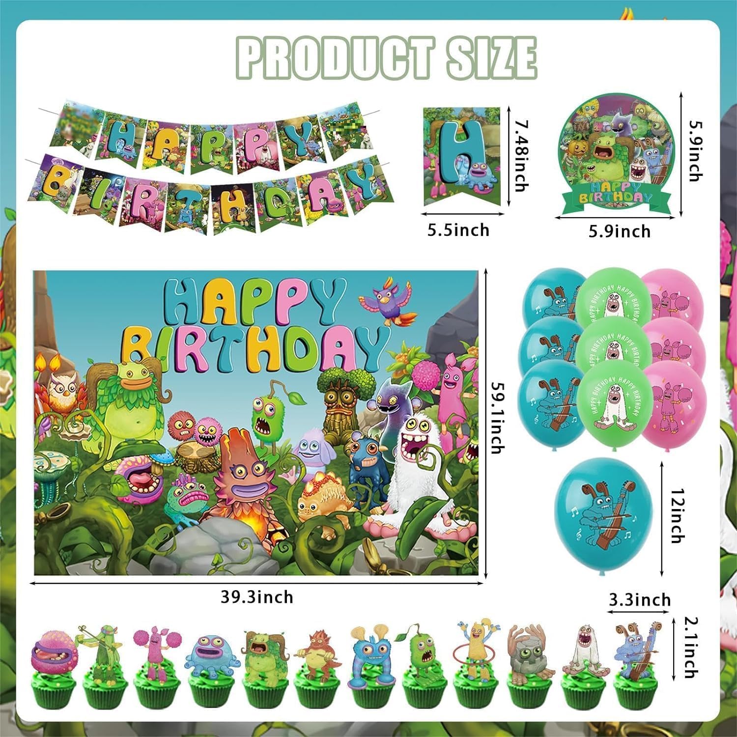 Moptrek y Decorations,Monsters Birthday Decorations,Including Happy Birthday Bannner,Cake Copper ,Cupcake Topper,Backdrop,Suitable for Party Supplies