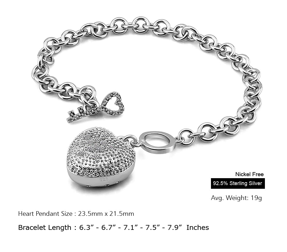 Meilanduo Solid 925 Sterling Silver Rolo Chain Link Bracelet with Key Heart Pendant ALL SIZE for Women (6.3)