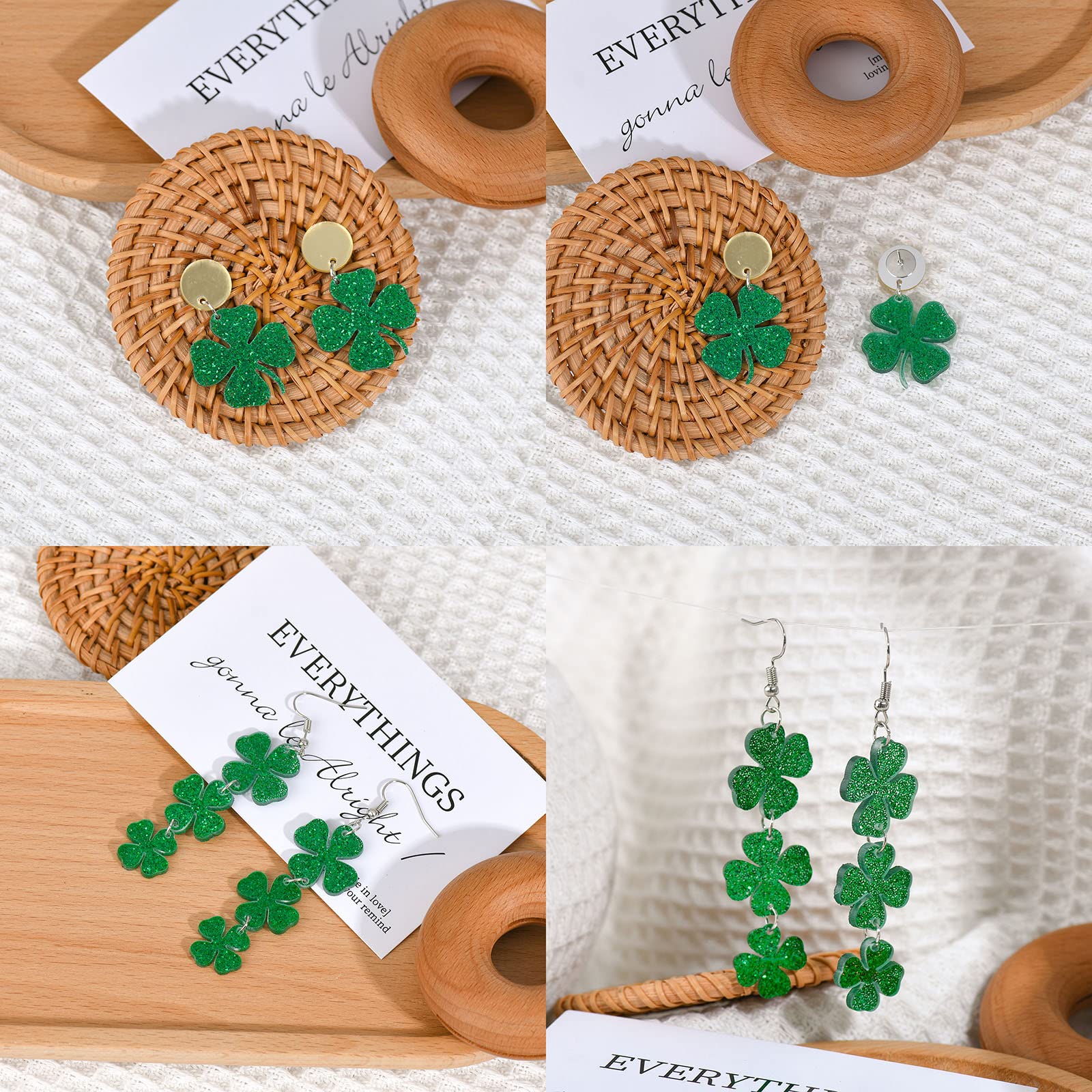 St. Patrick's Day Earrrings Green Clover Shamrock Earrring for Women Acrylic Dangle Stud Earrings Set 4Pairs