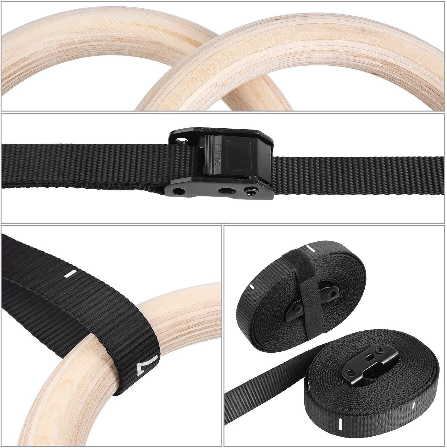 N A Gymnastic Rings, Wooden, 15ft Adjustable Straps,32mm, Gym Equipment for Cross-Training Workout, Gymnastics, Strength Training, Pull Ups and Dips (Set of 2)