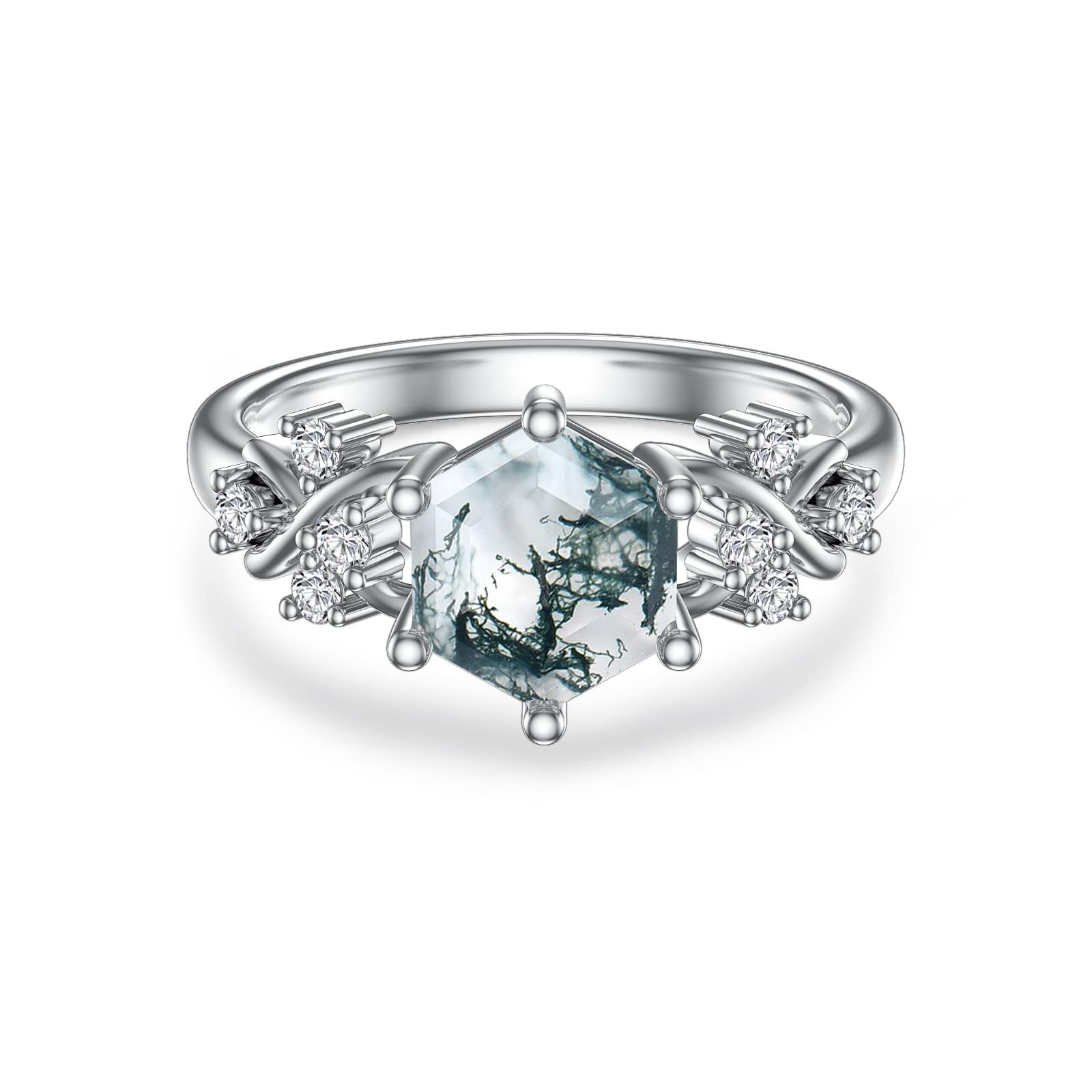 PLATYCO 1Ct Moss Agate Ring 925 Sterling Silver Natural Agate Engagement Ring Hexagon Shaped Green Agate Promise Rings Gift for Women (Size 9)