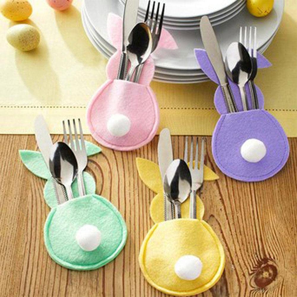 Pekkaxy Easter Table Decor, 4PCS Easter Bunny Felt Cutlery Holders Reusable Utensil Décor Easter Table Decorations for Wedding Birthday Party Supplies