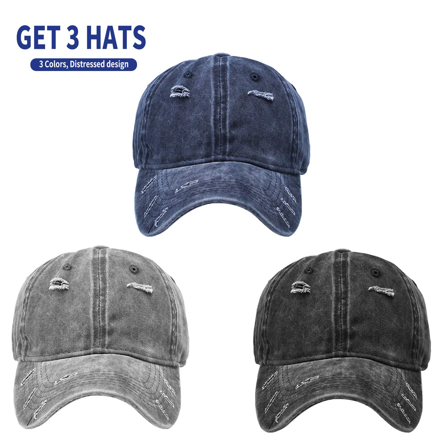 MEINICY 3 Pack: Vintage Distressed Washed Cotton Plain Baseball Cap, Retro Adjustable Dad Hats for Men/Women,Unstructured