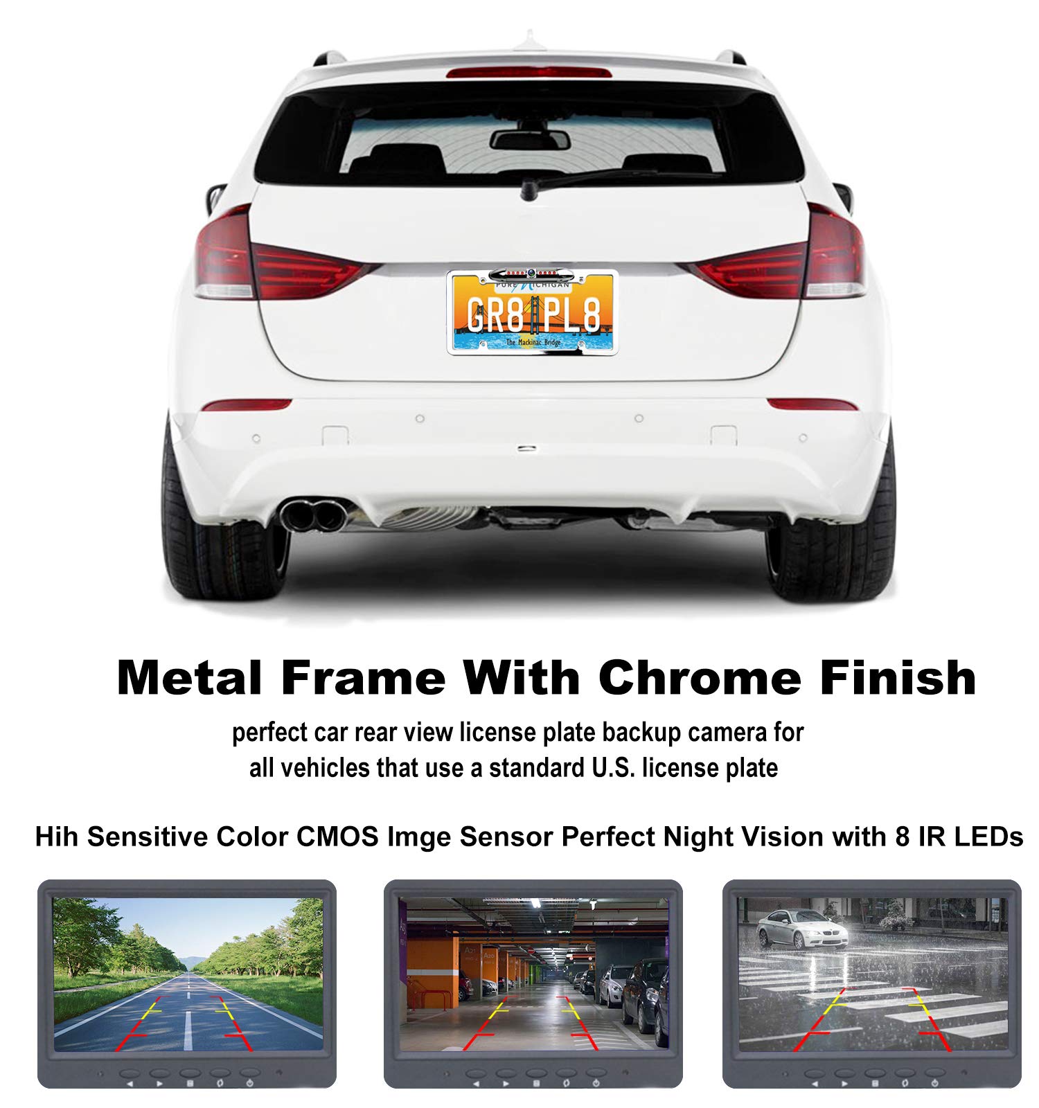 License Plate Backup Camera, JPP Front/Rear View Camera 170° Viewing Angle Universal Car Reverse Camera Waterproof 8 LED Night Vision Vehicle Reverse Camera