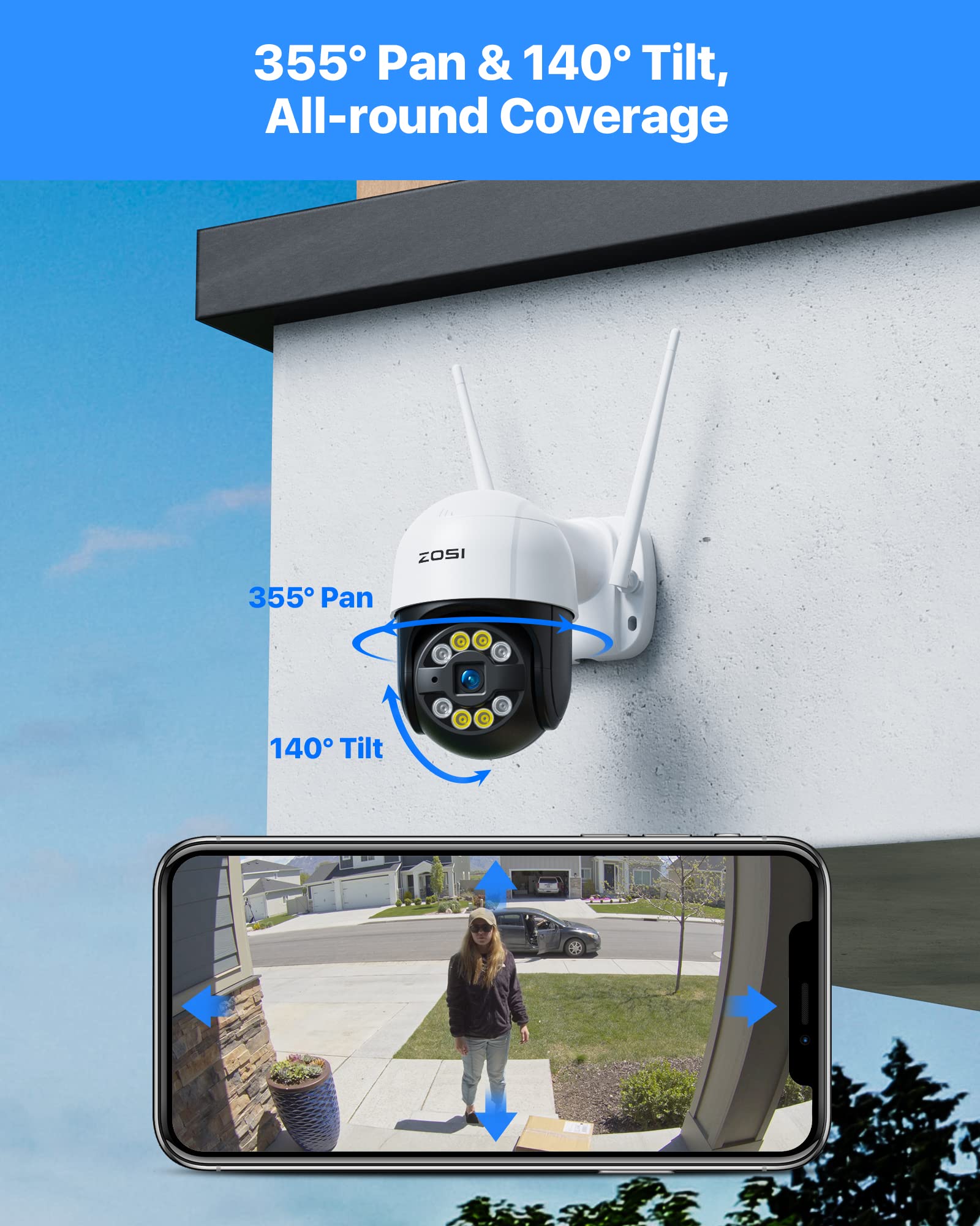 ZOSI 2K PTZ Wireless Security Camera System,6pcs 3MP Pan/Tilt Cameras Outdoor Indoor,8CH 3MP WiFi Surveillance NVR with 1TB HDD,Night Vision,Spotlight & Siren,AI Human Detection,for 24/7 Recording