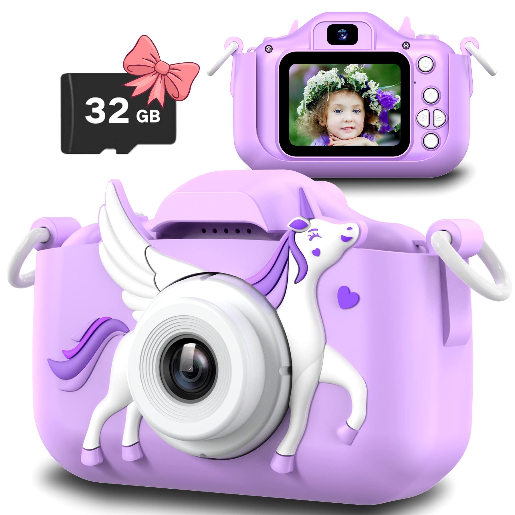 Slothcloud X5 Kids Digital Camera, Unicorn-Purple, 32GB Memory, Anti-Drop Silicone, 1080P Video, Multi-Functions, Selfie, Gift for Children