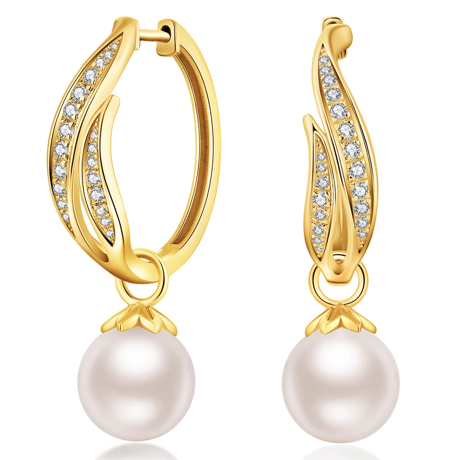 Pearl Hoop Earring Pearl Diamond Earrings Pearl Dangle Earrings Sterling Silver Pearl Earrings for Women Wedding Pearl Earring Huggies Large Gold Pearl Dangling Earring with Pearl 10MM