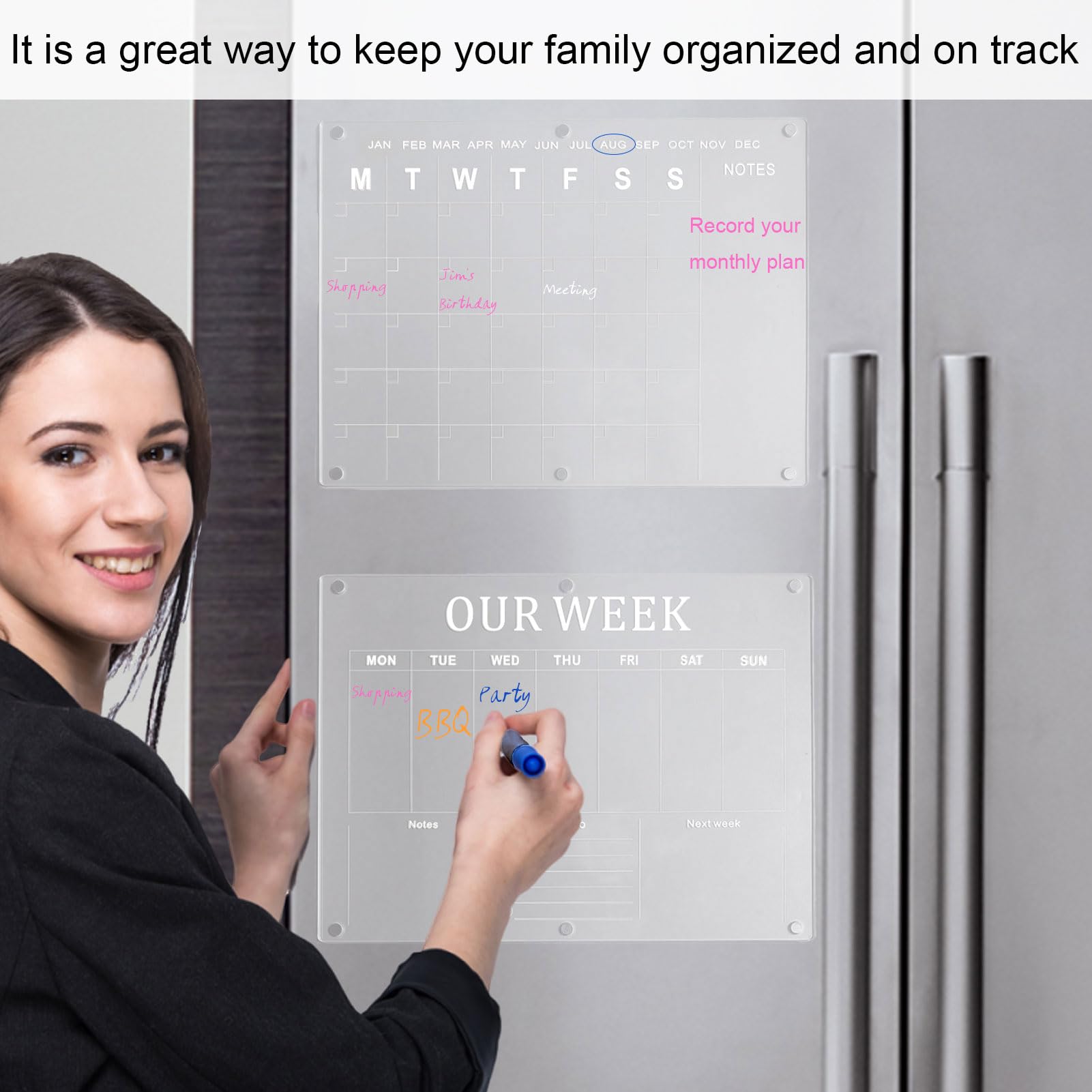 MACIKWON Magnetic Fridge Calendar Dry Erase,Acrylic Clear Monthly and Weekly Planner Board for Fridge with Dry Erase Markers (Plastic)
