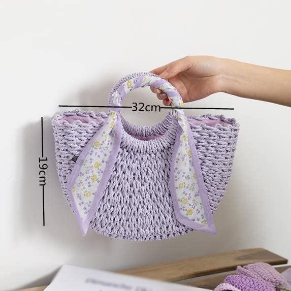 n/a Summer Handmade Woven Rattan Straw Bag Round Handle Purple Tote Beach Vacation Female Semicircle Handbag (Color : B, Size : One Size)