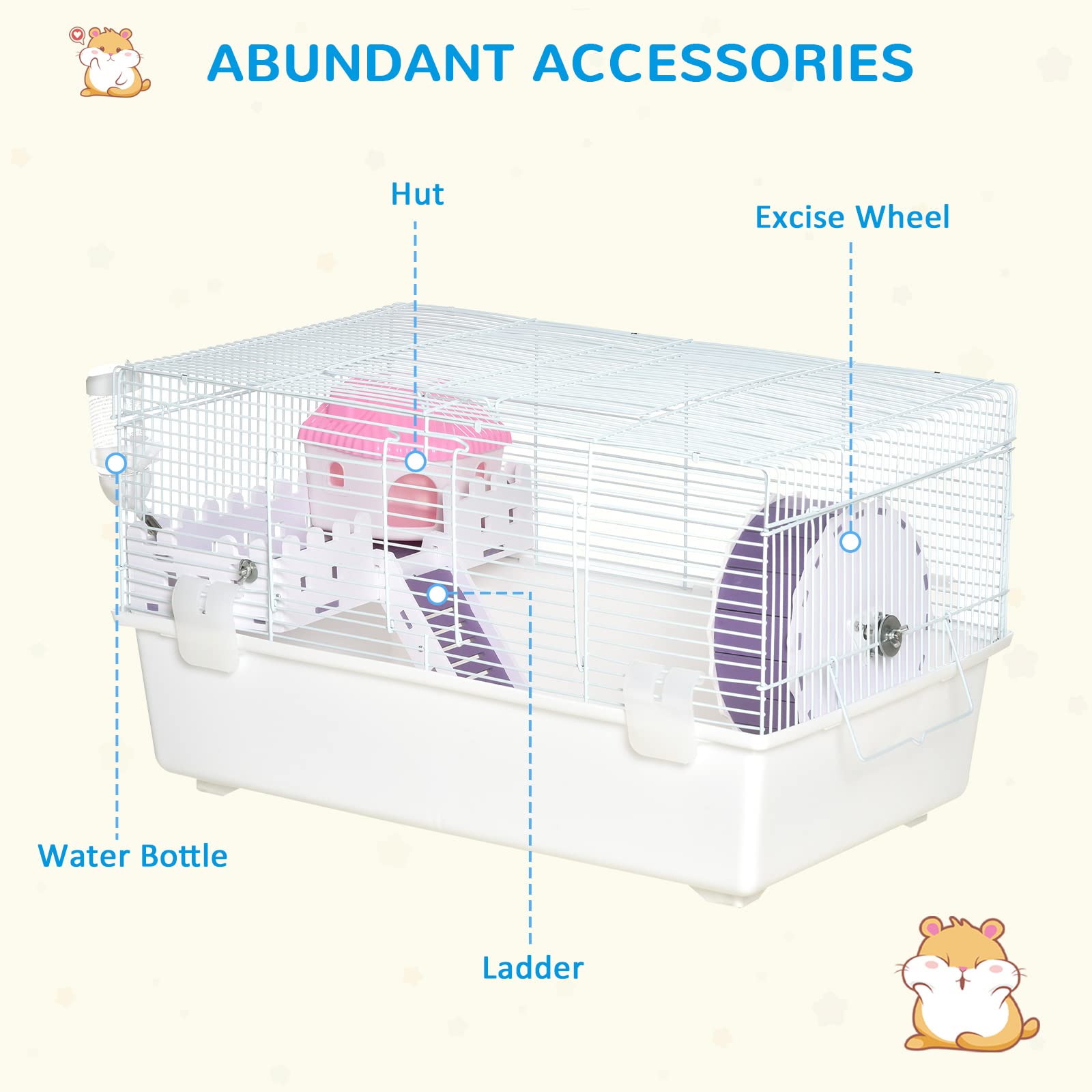 PawHut 2 Tier Hamster Cage Gerbil Rodent House Small Animal Habitat with Water Bottle, Exercise Wheel, Ladder, Hut, White