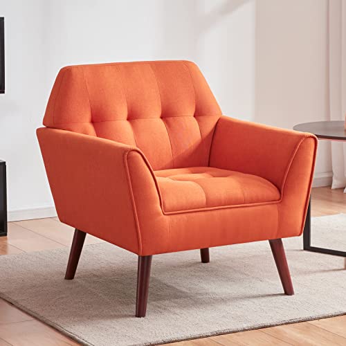 Kingfun Accent Chairs for Bedroom, Midcentury Modern Accent Arm Chair for Living Room, Linen Fabric Comfy Reading Chair, Tufted Comfortable Sofa Chair, Upholstered Single Sofa, Orange