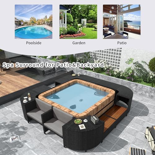 WOODRK Quadrilateral Outdoor Rattan Sectional Sofa Set with Mini Couch, Patio Conversation Sets with Wooden Seats and Storage Spaces, Spa Surround Frame for Gardern, Poolside, Gray