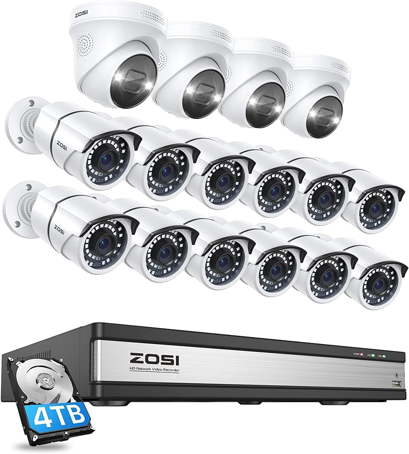 ZOSI 4K 16 Channel PoE Security Cameras System,H.265 4K 8MP 16CH NVR Recorder with 4TB HDD and 4 pcs 8MP& 12 pcs 5MP PoE Dome Cameras,Night Vision,Remote Access,24/7 Recor