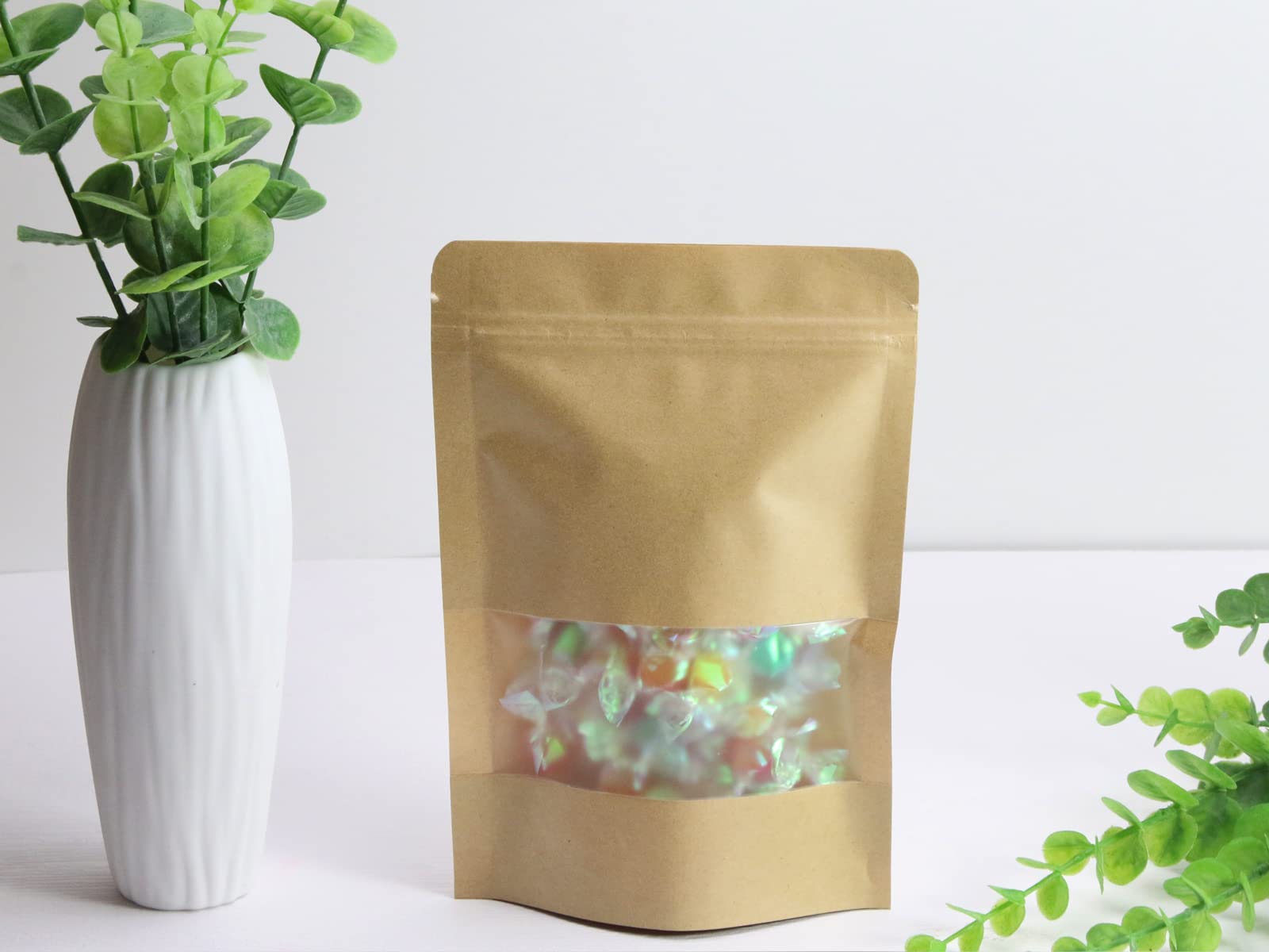 PQZKLDP 100pcs Assorted-Size Kraft Paper Bags with Matte Windows Reusable Smell Stand Up Pouches Bakery BagsFood Candy Coffee Tea Spice Sample Storage Sealable Bags for Small Business Packaging
