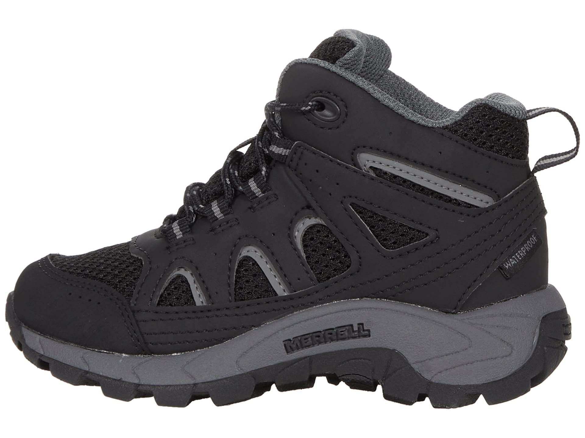 Merrell Oakcreek Mid Lace WTRPF Hiking Boot, Black/Grey, 4 US Unisex Big Kid