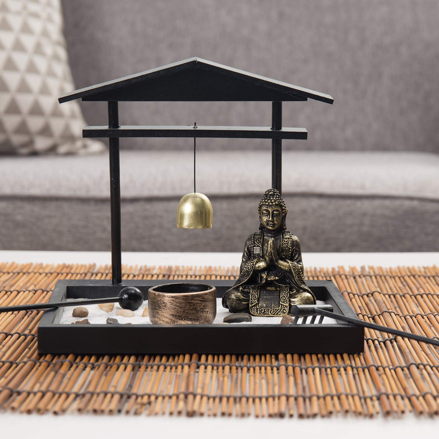 MyGift Mini Zen Sand Garden Set with Buddha Statue, Bell, Rake, Candle Holder & Tray