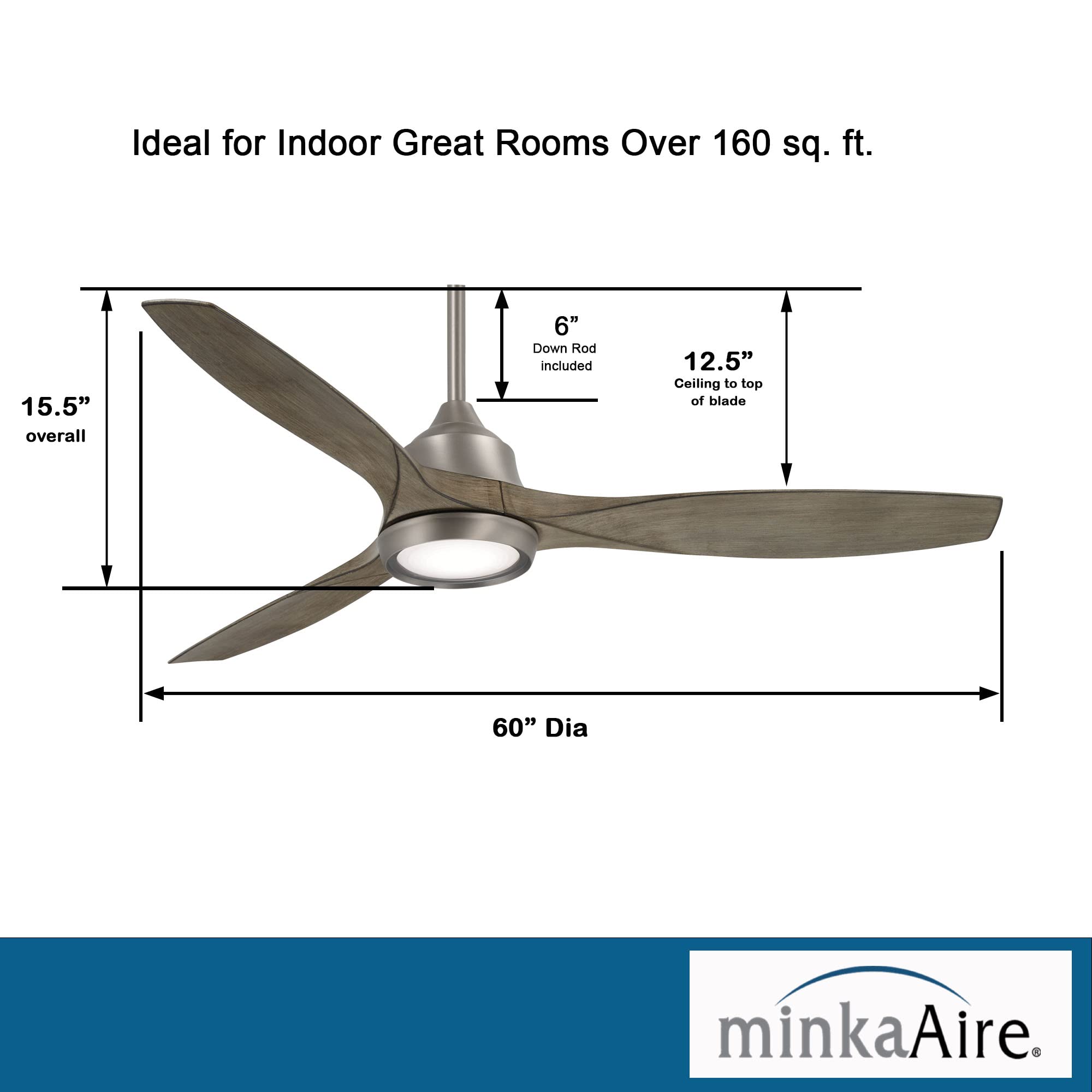 MINKA-AIRE F749L-BNK Skyhawk 60 Inch LED Ceiling Fan with Carved Wood Blades, Integrated LED Light and DC Motor in Burnished Nickel Finish